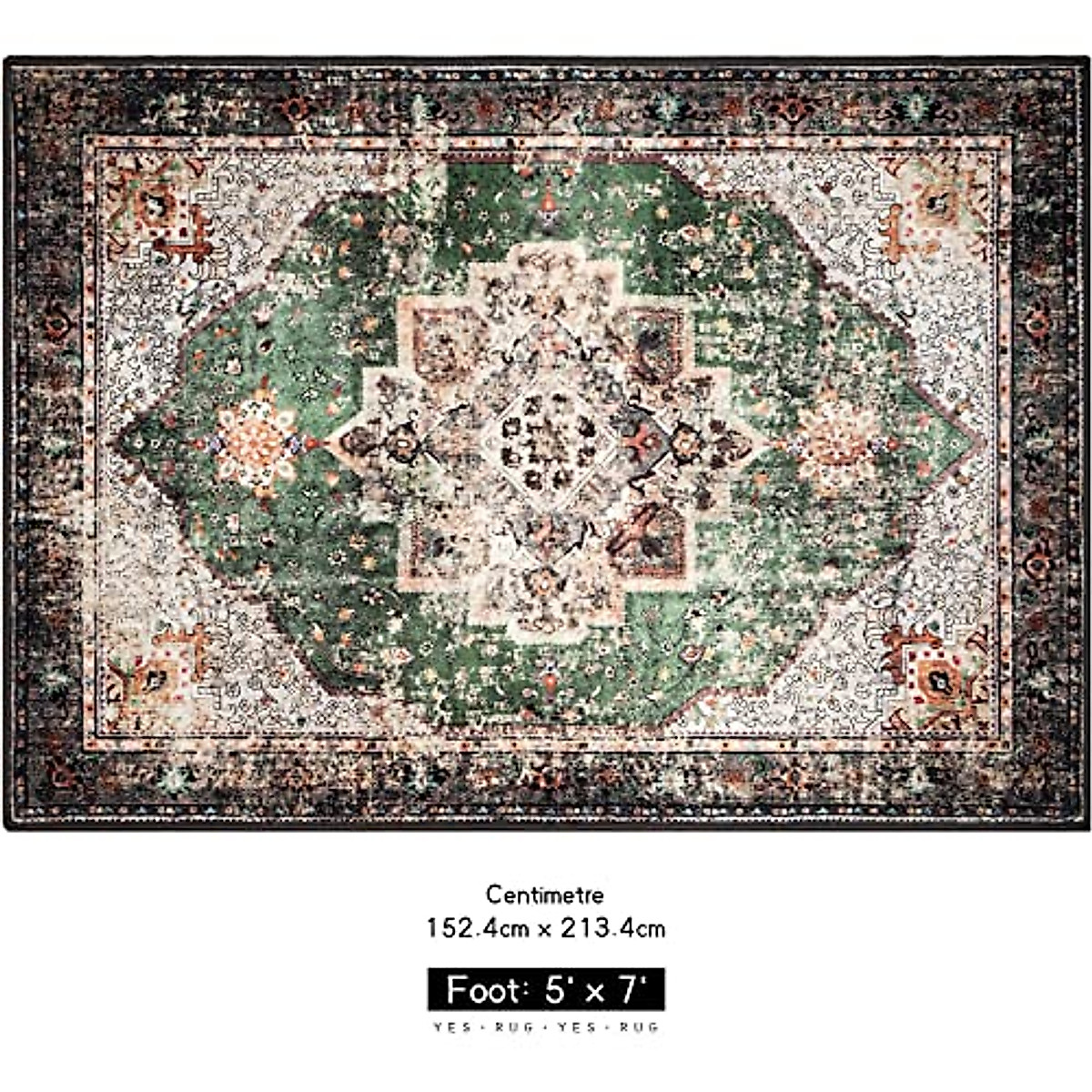 YesRug Area Rug 5x7 for Living Room Green Boho Rug Non-Slip Washable Rug Persian Vintage Rug Low Pile Large Rug for Bedroom Dining Room