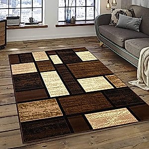 Champion Rugs Modern Contemporary Boxes Blocks Design Soft Indoor Brown Area Rug (8’ X 10’)