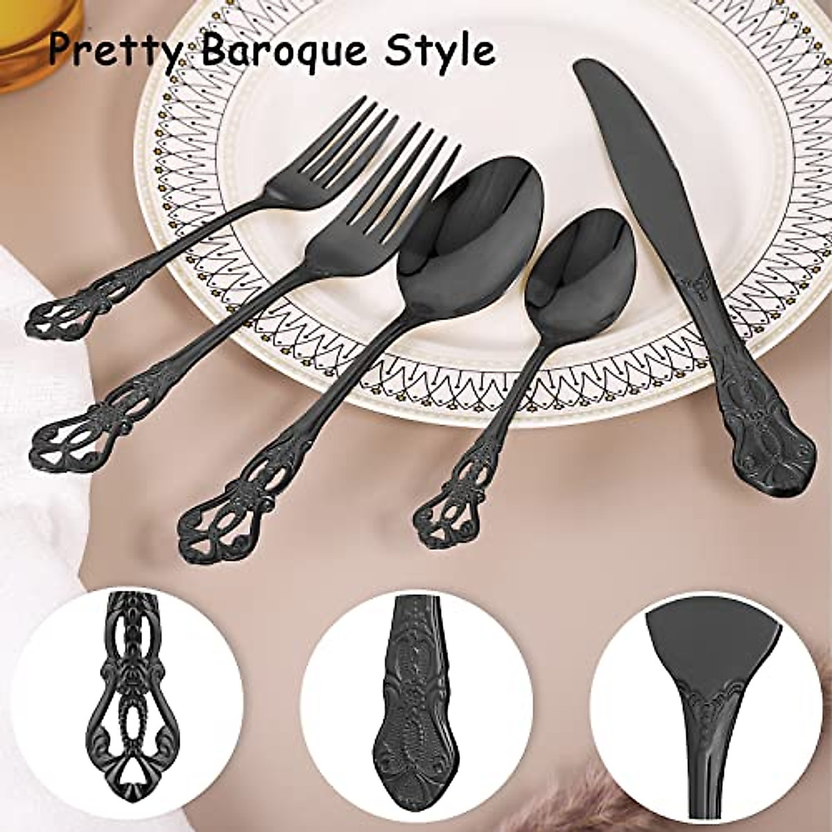 Black Silverware Set for 4, Stainless Steel Gorgeous Retro Royal Flatware Set, 20-Pieces Cutlery Tableware set, Kitchen utensils set Include Spoons And Forks Set, Mirror Finish, Dishwasher Safe