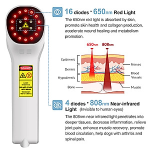 Cold Laser Therapy Device 4x808nm +16X650nm Low Level Laser Therapy for Pain Relief Arthritis Muscle Joints Tissue Red Light Therapy for Dog Cat Horse Pets Wound Healing Reduce Inflammation