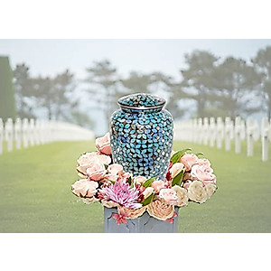 Mosaic Glass Cremation Urn - Hand Made Funeral Urn for Human Ashes - Large Adult Size Burial Urn - Aluminum with Hand applies Individual Tiles Create a one of a Kind Work of Art - 200 cu in (Blue)