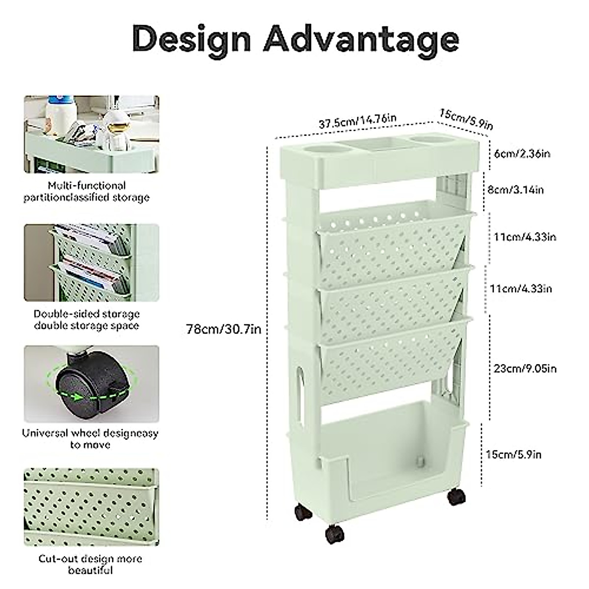 5 Tier Book Rack Storage Bookshelf, Movable Bookshelf Multilayer Capacity Rotatable Removable Plastic Practical Rolling Organization Shelf with Wheel, Bookshelves for Kids Students Study (Green)