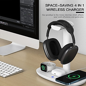 Headphone Stand with 15w Wireless Charger, Suguder 4 in 1 Charging Station Headset Holder for AirPods Max/Pro/4/3/2 iWatch 10/9/8/7/6/5/4/3/2/1/SE iPhone 16/15/14/13/12/11/X for Desktop Table Game