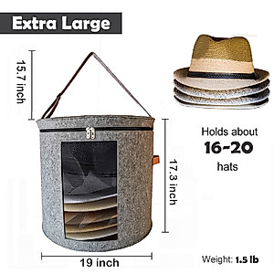 Aeeteek Hat Storage Box 19" D x 17" H Portable Felt Organizer Bucket Foldable Large Capacity Bag Round Travel Hat Container with Dust Proof Lid, Stuffed Animal Toys and Clothes Storage Bin (Grey)