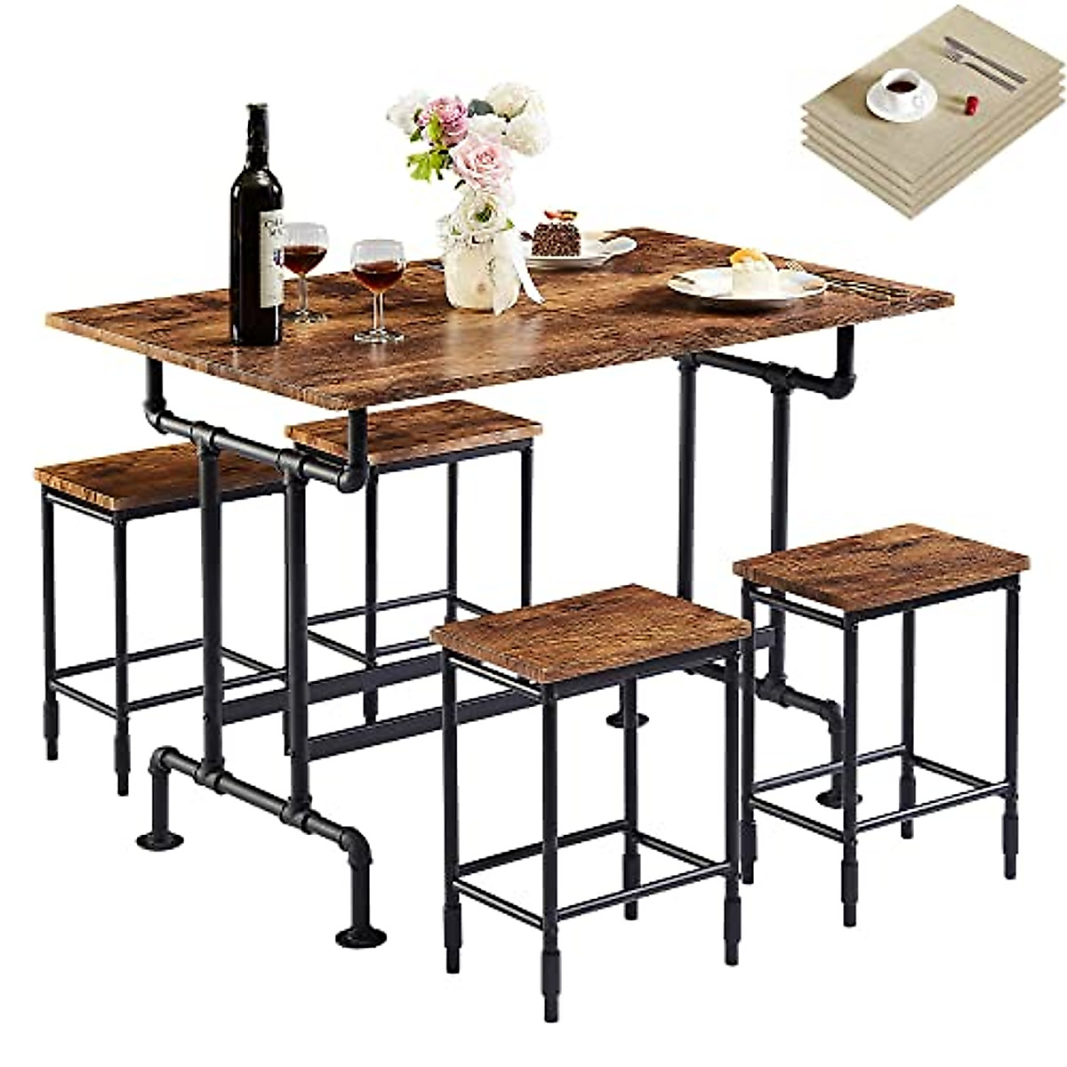 VECELO Dining Table Set for 4 Kitchen Industrial Bar Dinette with Rectangular Tabletop, Save Spacing&Sturdy Metal Frames for Home Breakfast Farmhouse Living Room Small Apartment, Brown
