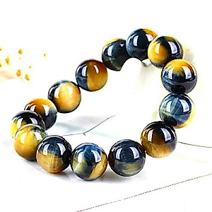 14mm Natural Gold Yellow Blue Tiger Eye Gemstone Crystal Round Bead Bracelet AAAA