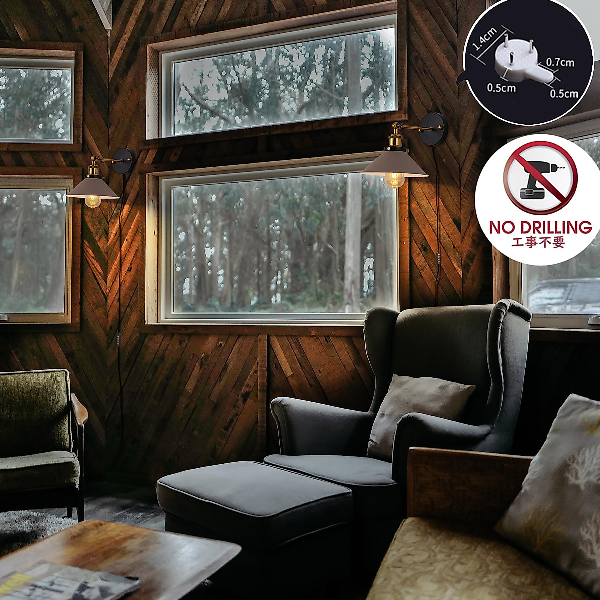 SKIVTGLAMP Industrial Wall Sconce Plug-in Cord with Remote Control, No Drilling Wall Mounted Dimmable LED Edison Bulbs Farmhouse Wall Hanging Adjustable for Home Decor Gallery Customizable, Khaki