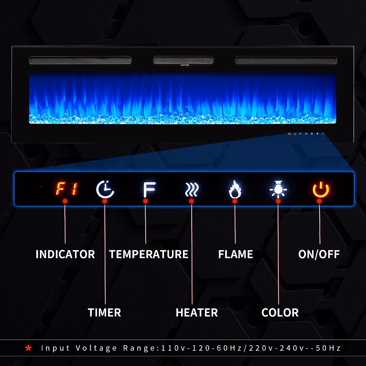 oneinmil Electric Fireplace, 60 inch Wide Recessed and Wall Mounted Electric Fireplace, 750W/1500W, 12 Color Flame, Remote Control, Log Set & Crystal