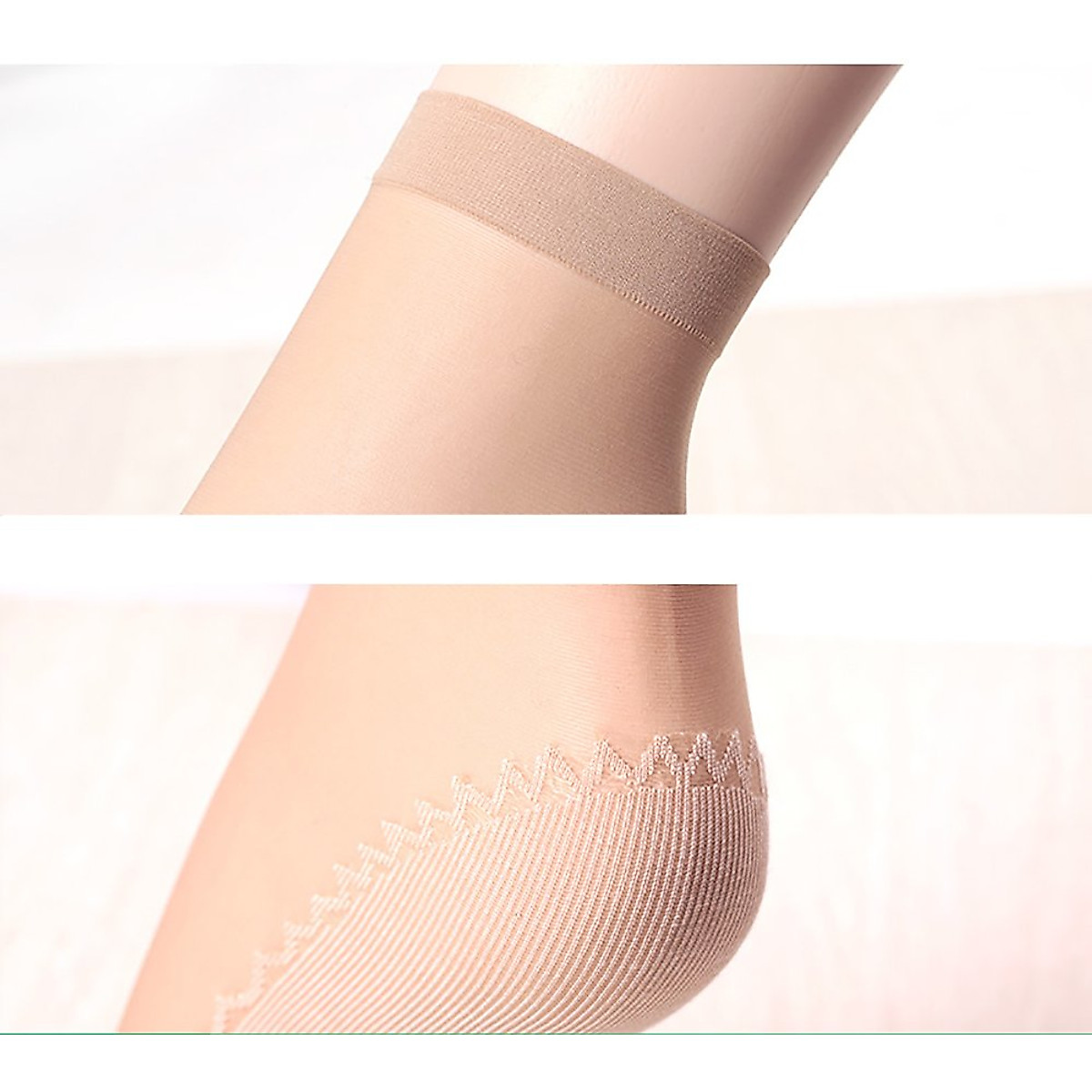 Ueither Women's 6 Pairs Silky Anti-Slip Cotton Sole Sheer Ankle High Tights Hosiery Socks Reinforced Toe (6 Pairs Beige)