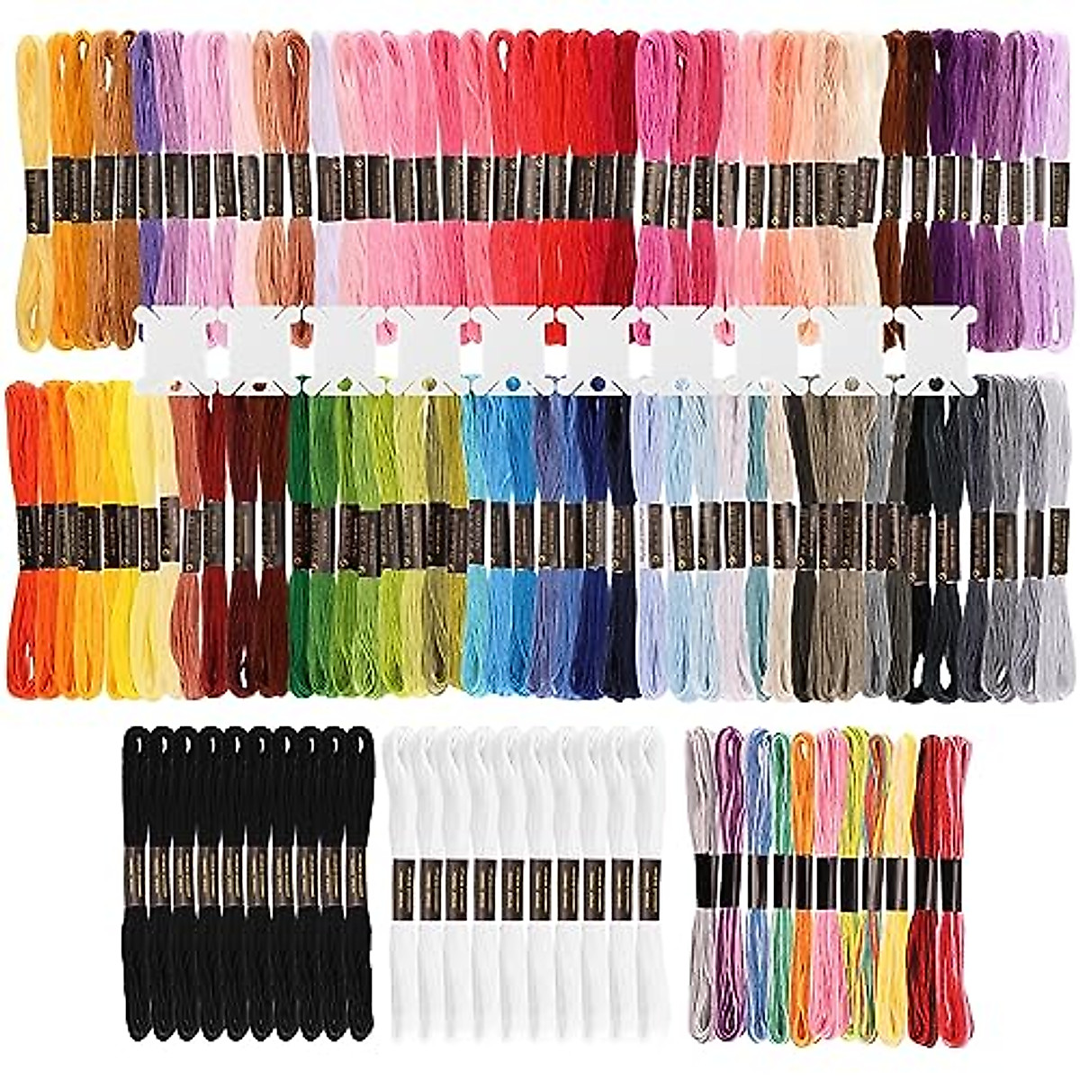 Caydo 100 Colors Embroidery Floss and 12 Skeins Variegated & 10 Skeins White & 10 Skeins Black Color and 10 PCS Floss Bobbins for Friendship Bracelet Strings Kits, Cross Stitch Sewing Crafts