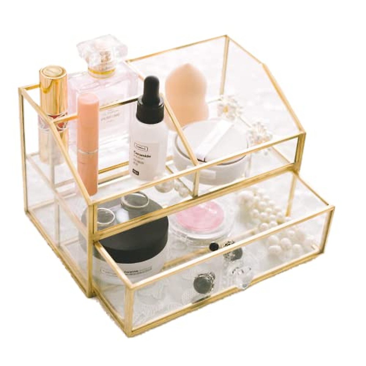 FSyueyun Makeup Organizer for Vanity, Clear Glass Drawer Organization and Storage Jewelry Display Case Gold Cosmetics Storage Lipstick Organizer Tray Perfumes for Bathroom Counter or Dresser