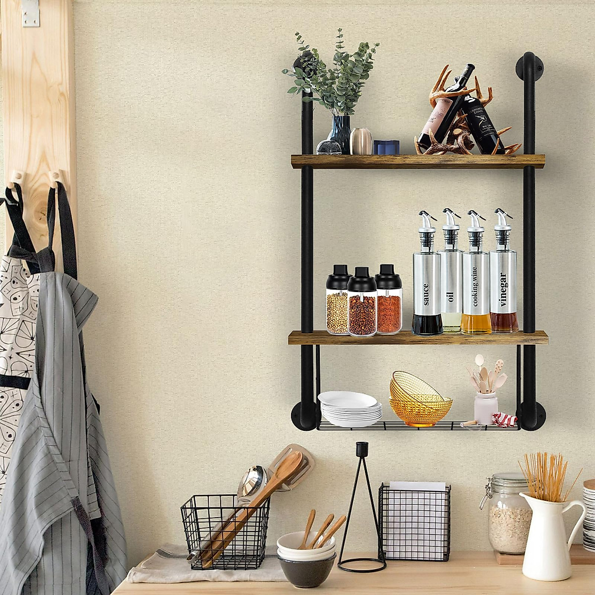 GILPWA 2-Tier Bathroom Shelves Wall Mounted, Floating Shelving Retro Pipe Shelf with Basket, Easy Assemble Industrial Pipe Shelving, Anti-Rust Wall Shelves for Living Room, Kitchen 31.9 * 16.9 inch