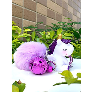 Tonsamvo Cute Pom Pom Keychian with Fur Ball Small Bell Keyring for Women Bag Purse Car Decoration (Purple-M-Bells)