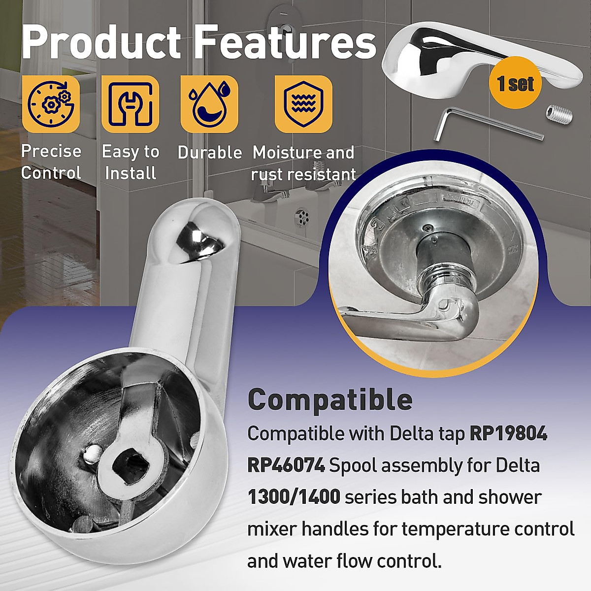 H79 Single Metal Lever Handle Kit - Chrome Finish Compatible with Delta 1300/1400 Series H79 Handle Replacement Part for Delta Tub with Ease- Bathroom Accessories Chrome