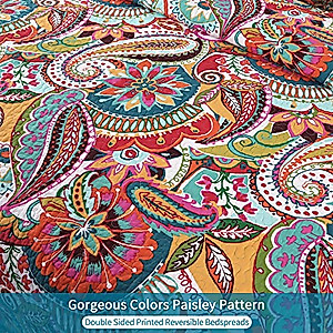 Qucover Quilt Sets Queen, 3-Piece Multicolor Paisley Cotton Queen Bedspread Quilt with 2 Pillow Shams, Patchwork Coverlet Set (Queen 90x98)