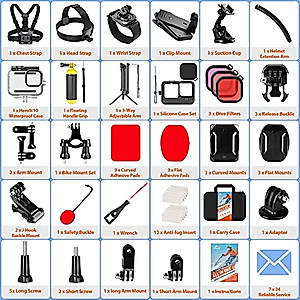 HONGDAK Action Camera Accessories Kit for GoPro Hero 11 10 9 Black, Waterproof Housing+Silicone Case+3-Way Adjustable Arm+Head Chest Wrist Strap+Bike Mount+Suction Cup+Floating Grip Bundle Set 63 in 1