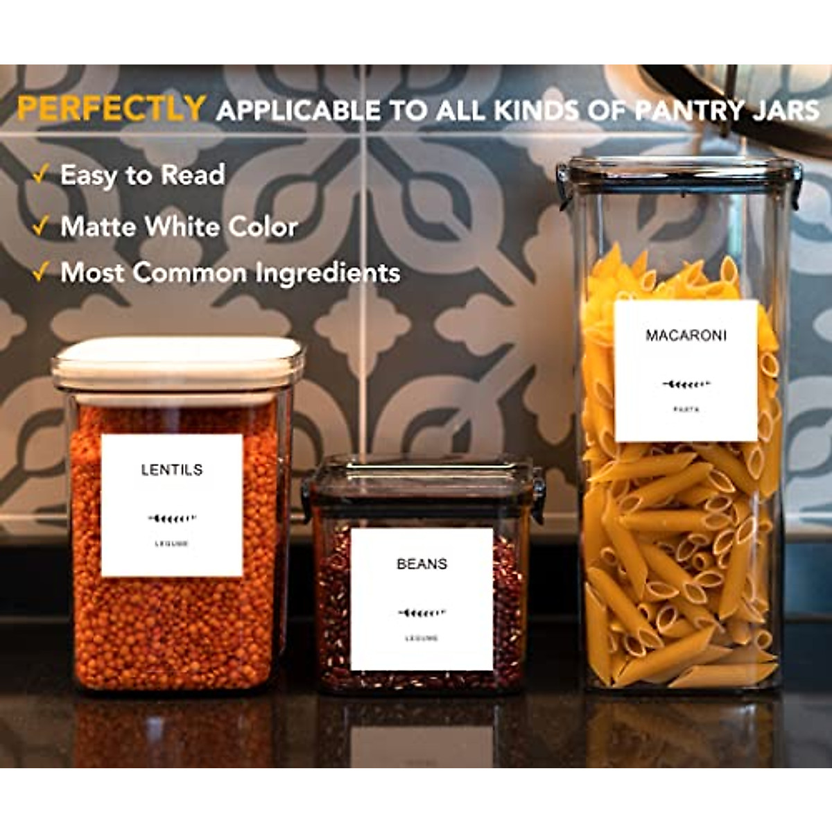180 Kitchen Pantry Labels for Food Storage Containers, Preprinted Minimalist Food Labels for Jars, Waterproof Black Script Jar Label Stickers for Organization and Storage