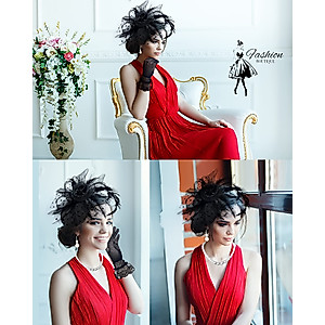 1920s Black Fascinators Hat Set for Women Tea Party Headband Lace Gloves Pearl Jewelry Set Cocktail Tea Party Banquet Wedding Halloween Retro Tiara