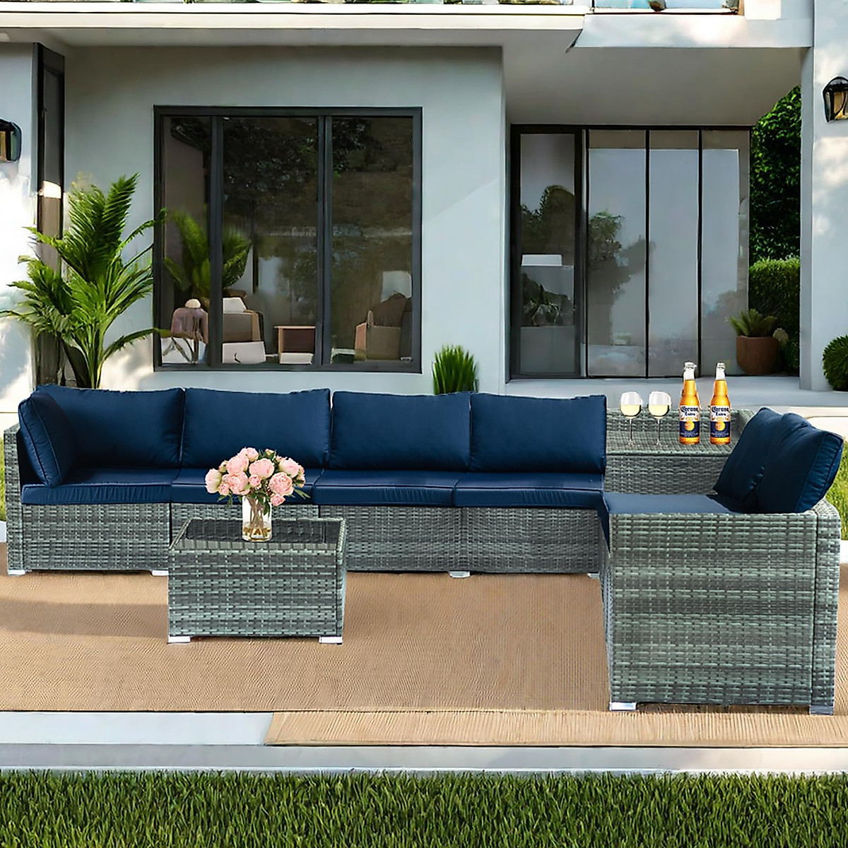 Pierybyt 8-Piece PE Rattan Wicker Outdoor Sectional Sofa Set, Modular Patio Furniture with Thickened Cushions, Hidden Storage & Conversation Patio Set with Glass Top Coffee Table (Gray-Blue)