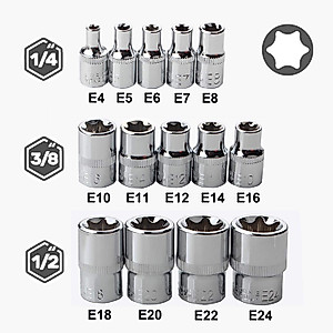 Female E Torx Socket Set 3/8 1/2 1/4 Drive E4 - E24 External Torque Star Socket Kit 14pcs