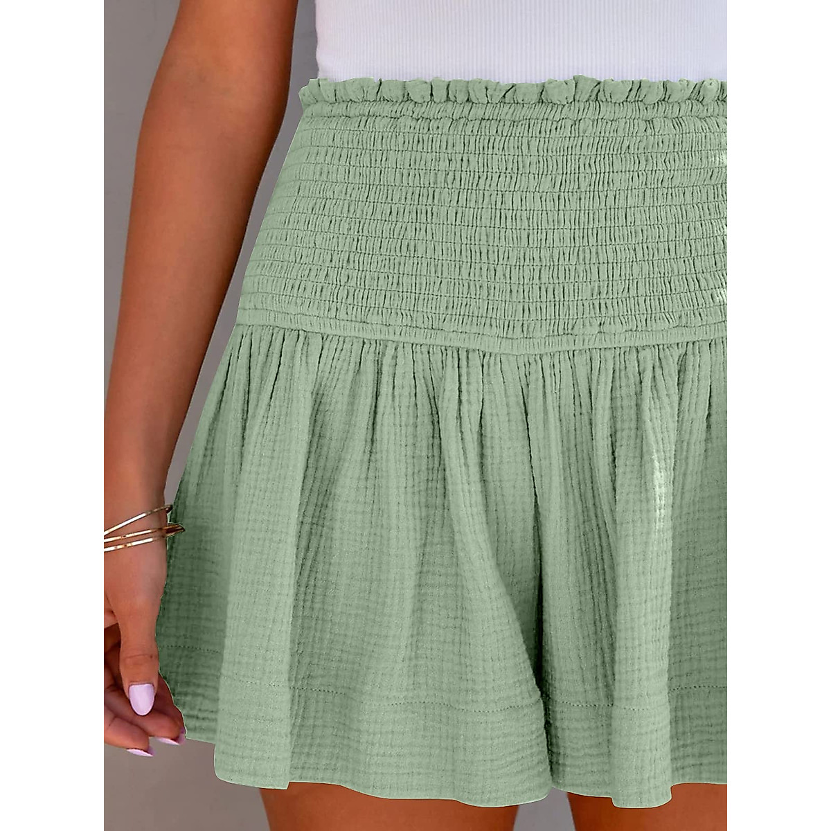 Trendy Queen Cotton Shorts Lounge Casual Shorts Cute Elastic High Waisted Flowy Shorts Ruffle Pleated Trendy Beach Shorts Summer Vacation Outfits Clothing 2023 Green