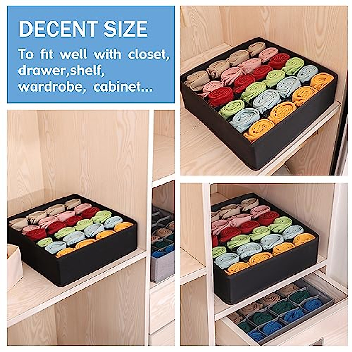 Boudar Foldable Storage Cubes Drawer Underwear Organizer Dividers， under Cabinet Organizer 24-Cell Fabric Storage Boxes for Lingerie,Socks,Ties （Black）