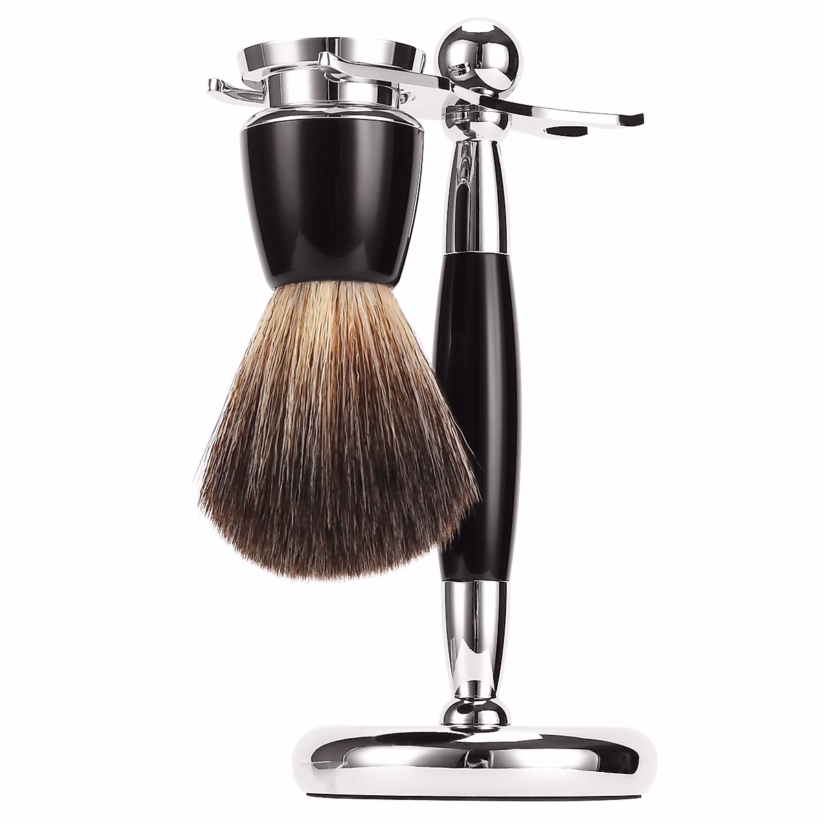 SANWA Grooming Shaving Kit for Men, Deluxe Stainless Steel Shave Razor and Brush Stand with Luxury Shaving Brush Ultra Heavy Acrylic & Steel Handle for Christmas Gift