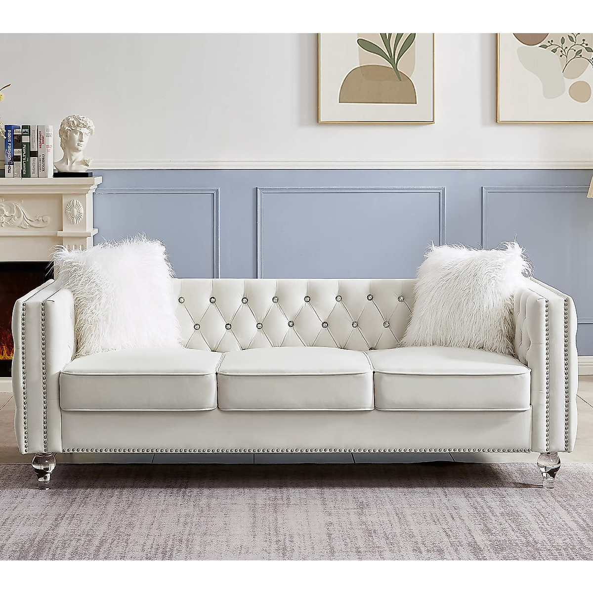 mikibama Velvet Sofa Couch 83 Inch Long Modern Sofa with Acrylic Legs and 2 Pillows, Jeweled Buttons Tufted Couch Modern Decor Furniture for Living Room, Bedroom (Beige)