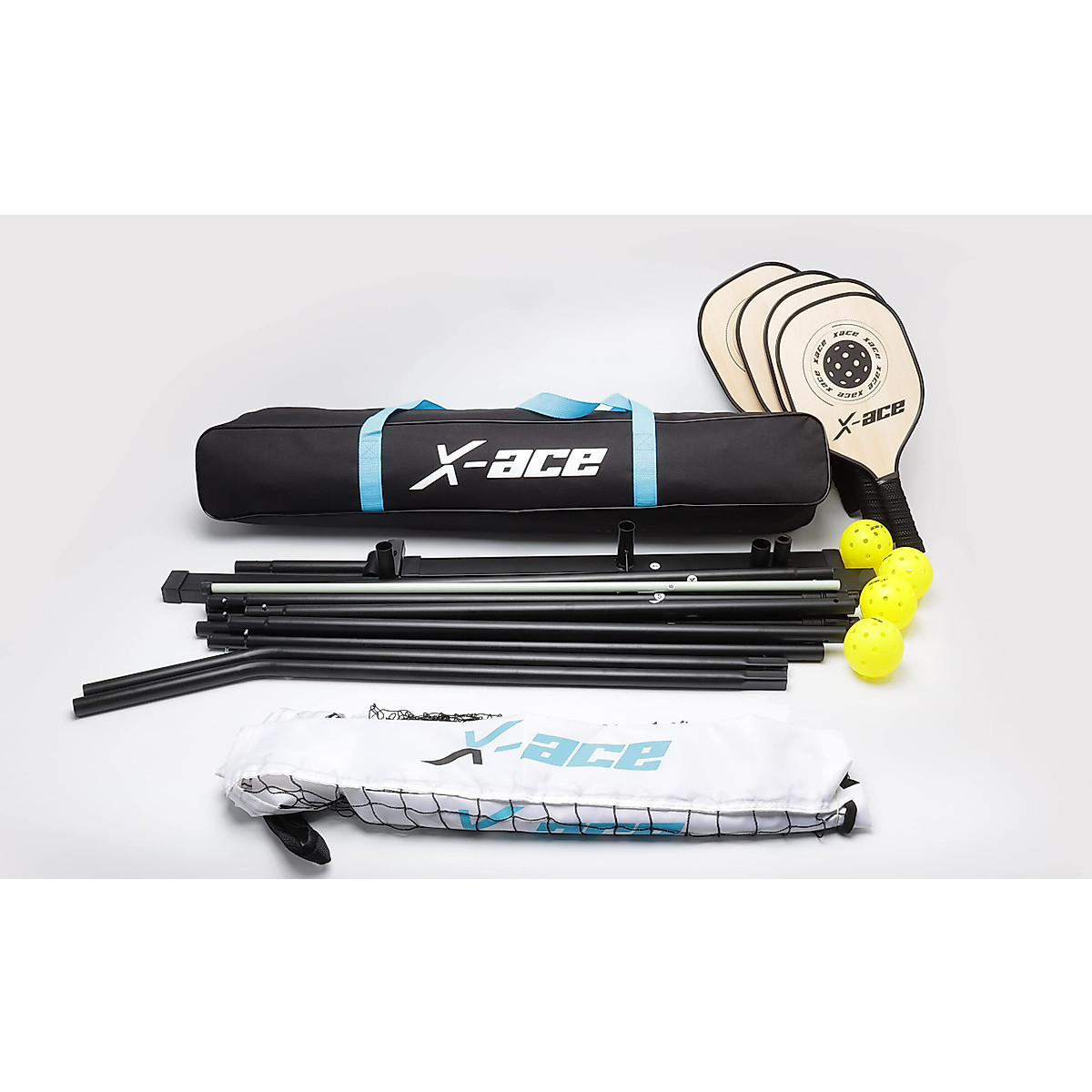 X-ACE 匹克球网套装 22 英尺(黑色和白色套装)X-ACE Regulation Pickleball Set with Net | 4 Paddles | 4 Outdoor Pickleball Balls - Portable 22FT Pickleball Net System All in One Pickle-Ball Equipment Carry Bag (NET SET)