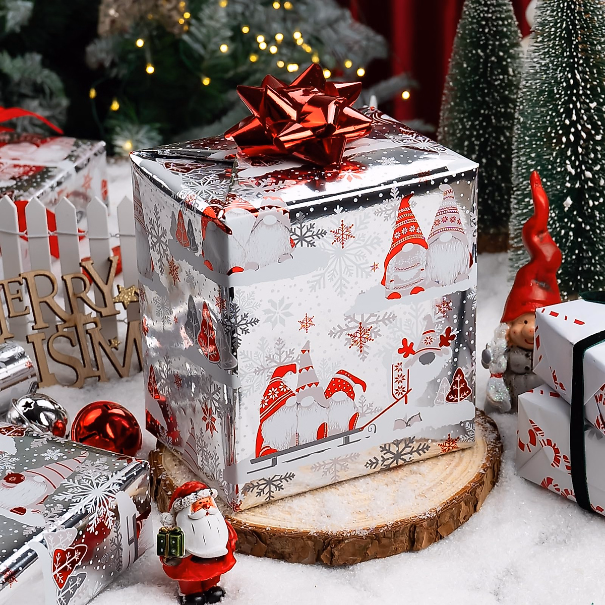 Flyhill Christmas Reversible Wrapping Paper Roll-17in X 33ft(46.8 sqft)-Metallic Foil Shine Red and Gray Gnomes & Christmas Trees Patterns with Joy letterings,Snowflake,Candy Canes for Birthday,Party