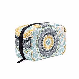 Hand drawn Ethnic Gold Mandala Arabic, Indian, Turkish and Ottoman Women's Cosmetic Makeup Bag, With Zipper Portable Travel Toiletry Storage Pouch Bag, Colorful Wallet Purse for Ladies Girls
