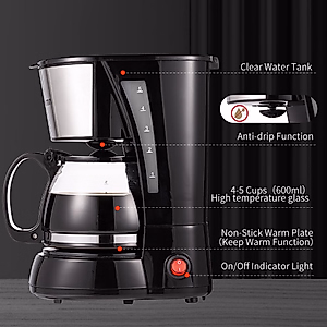 Nehilumn 4 Cup Drip Coffee Maker, Coffee Pot Machine Permanent Coffee Filter, Small Coffee Maker,20Oz Electric Coffee Maker,650W Black and Stainless Steel