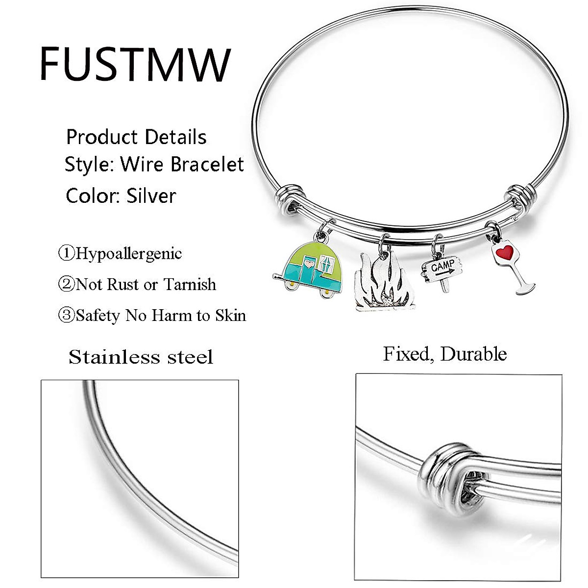 FUSTMW Travel Camper Bracelet Camping Charm Bangle RV Travel Trailer Camping Jewelry Gift for Women (Silver Bracelet)