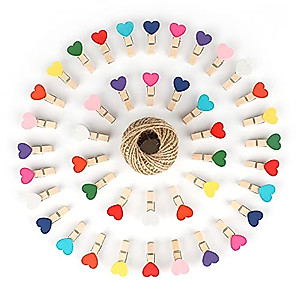 jijAcraft 100Pcs Mini Wooden Heart Clothespins, Multicolor Small Clothespins with Heart, 3.5cm Heart Photo Clips, Tiny Clothes Pins with String for Photos Display,DIY Craft,Wedding&Baby Shower Decor