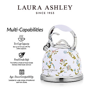 VQ Laura Ashley Elveden White 3L Stainless Steel Tea Kettle Stovetop Whistling Teapot for Induction, Gas Hob or others. Silicon Coated Cool Handle & Push Button Mechanism Vintage Stove Top Kettle