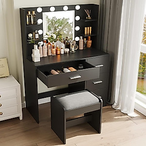 Irontar Vanity Desk, Makeup Vanity with 10 LED Lights and 4 Drawers, Brightness Adjustable, Dressing Table with 6 Shelves, Vanity Table for Women, Black WDT003B