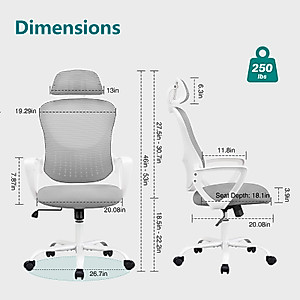 SMUG Home Office Desk Chair, Ergonomic Computer High-Back Mesh Rolling Work Task Chairs with Wheels and Adjustable Headrests, Comfy Lumbar Support, Armrest for Bedroom, Gaming, Grey