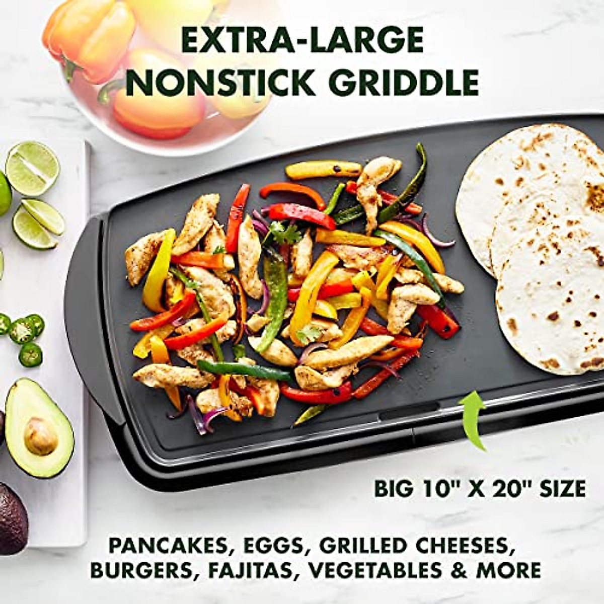 GreenPan Healthy Ceramic Nonstick, Extra Large 20" Electric Griddle for Pancakes Eggs Burgers and More, Stay Cool Handles, Removable Drip Tray, Adjustable Temperature Control, PFAS-Free, Black