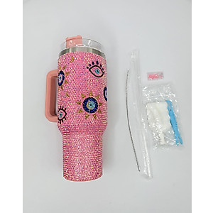 Rhinestone Insulated Tumbler with Handle, 40 oz, Pink with Evil Eye Design, Stainless Steel, Includes Straw and Cleaning Kit