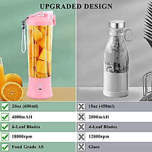 Portable Blender,MOCOPO Personal Blender for Shakes and Smoothies with 6 Blades,20 OZ Mini Blender,4000mAh Electric Blender for Kitchen,Home,Travel,Outdoor(Pink)