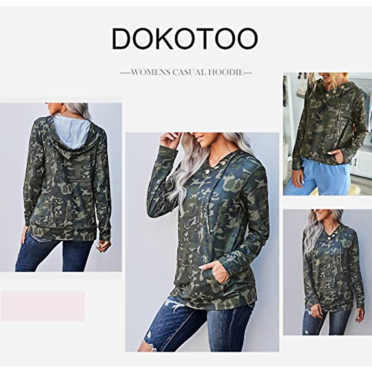 Dokotoo Women's Casual Camo Hoodies Long Sleeve Sweatshirt Drawstring V-Neck Pullover Loose Tops Shirts with Kangroo Pocket 2024 Fashion Fall Hooded Sweatshirt Green Medium