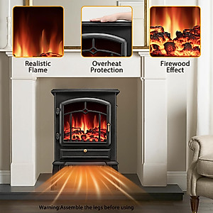 Xbeauty Electric Fireplace Stove with Realistic Flame,Infrared Freestanding Fireplace Heater,Portable,Retro Design,Thermostat,Overheating Safety,1000W/1500W(15 Inch)