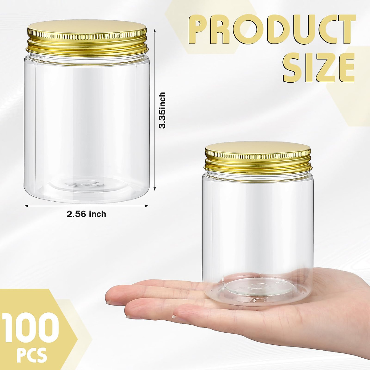 Wesiti 60 Pcs 8 oz Clear Plastic Jars Empty Plastic Storage Containers Refillable Plastic Mason Jars with Metal Golden Lids Transparent Round Canning Jars for Spice Dry Food Honey Herb Kitchen