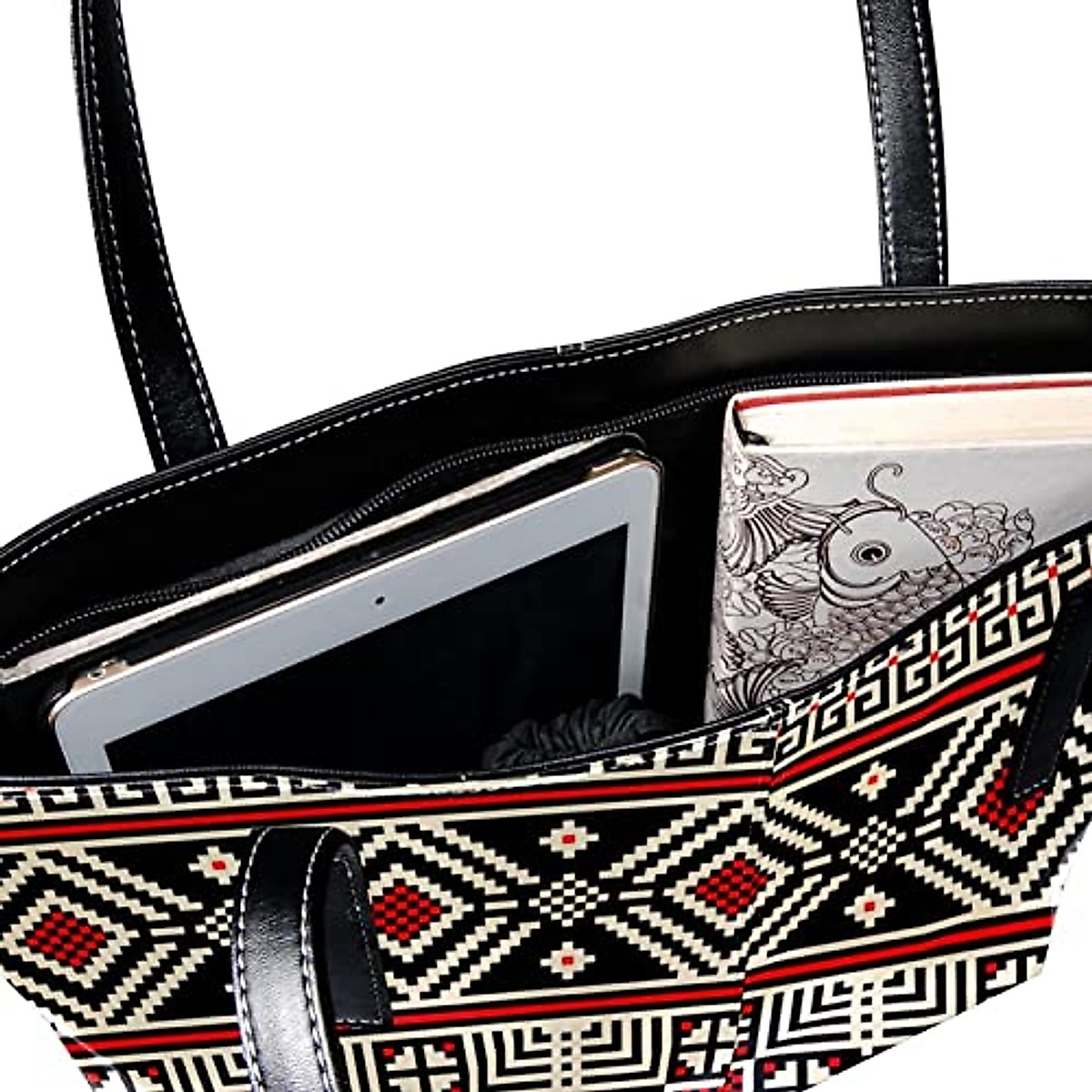 Vintage Ukrainian Floral Pattern Tote Bag for Women Girls, Leather Shoulder Bag with Inside Pockets, Zip Top Handbags