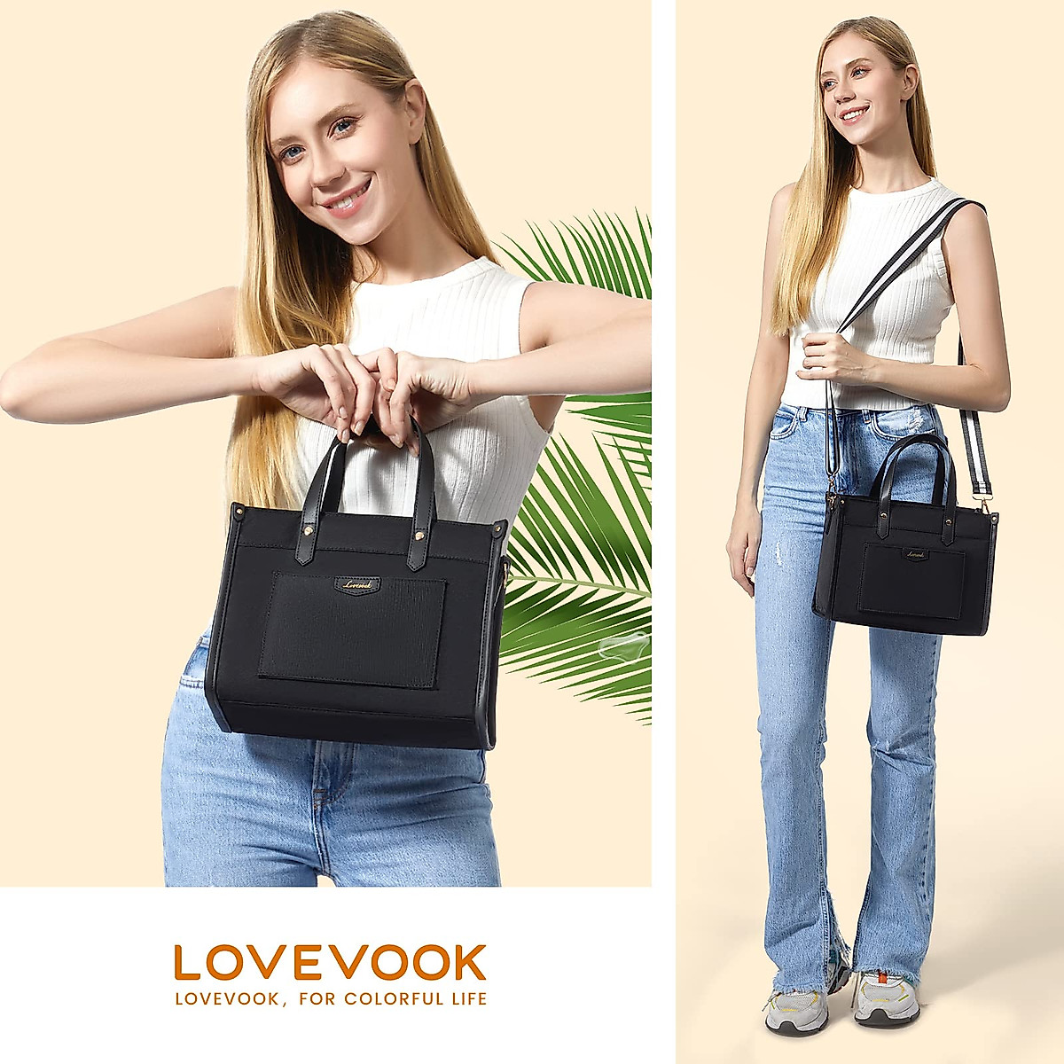 LOVEVOOK Lunch Bag Women Work,Lightweight Insulated Lunch Box for office-lady College Picnic Beach,Fashionable to Match,Black,S