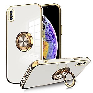KANGHAR Compatible with iPhone Xs Max Case for Women Girls, Plating Built-in 360 Rotation Magnetic Ring Kickstand Holder Soft Slim Shockproof Bumper Protective Cover (White)