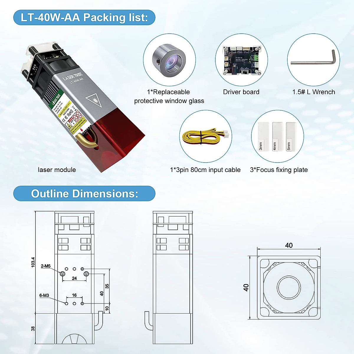 LASER TREE 40W Laser Module, 5W Optical Output Power Laser Cutter Module w/Metal Air Assist, Compatible with Laser Engraver Laser Cutter Machines CNC, 45mm Fixed Focus 12V