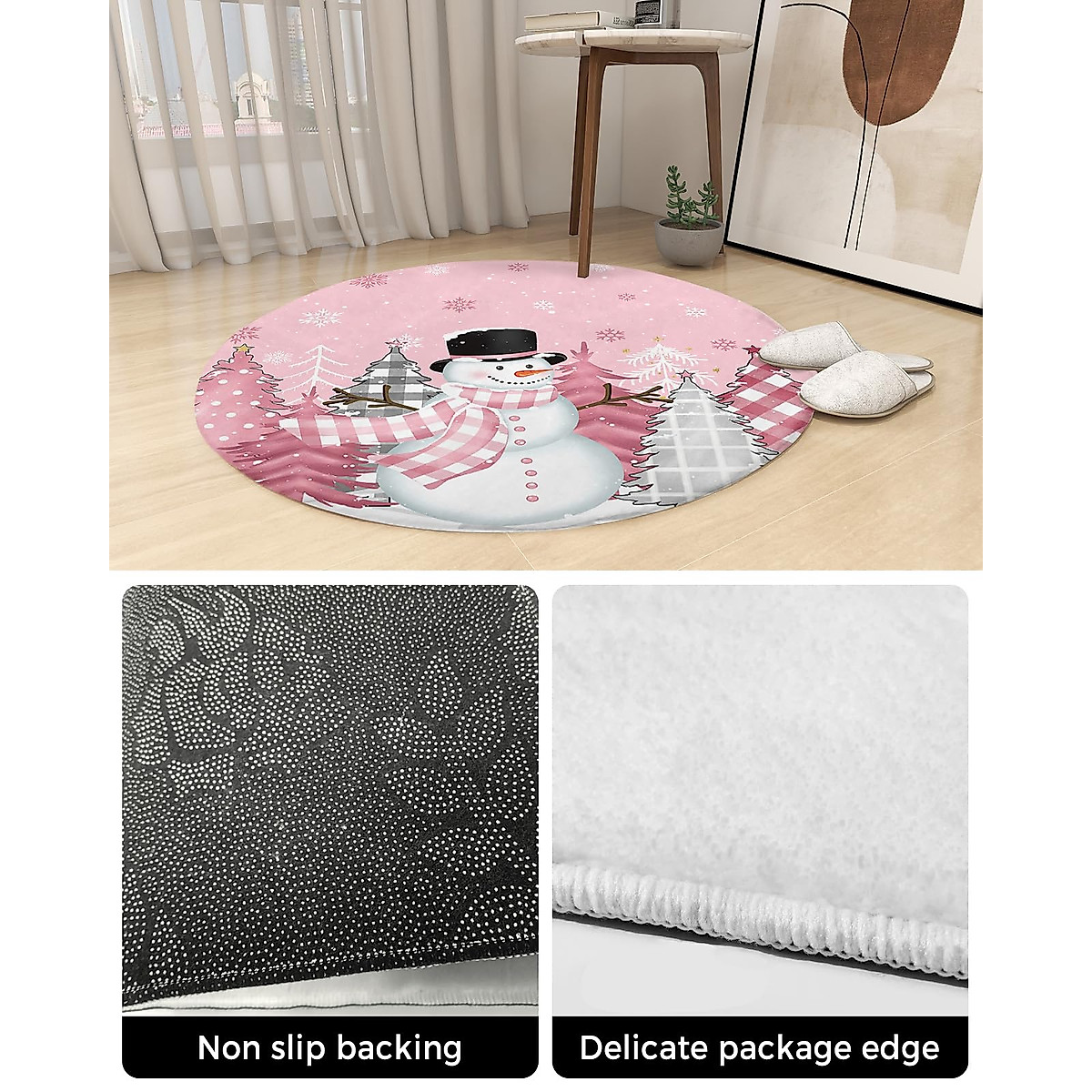 Blush Pink Snowman Fluffy Round Area Rug Carpets 4ft, Plush Shaggy Carpet Soft Circular Rugs, Non-Slip Fuzzy Accent Floor Mat for Living Room Bedroom Nursery Home Decor Christmas Dot Plaid Tree