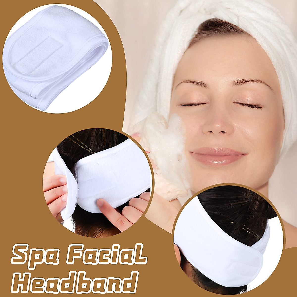 4 Pcs Spa Facial Headband Makeup Head Wrap Adjustable Towel with 30 Pcs Compressed Facial Sponges, 4 Pcs Facial Mask Fan Brushes for Facial Esthetician Supplies (Yellow, White, Orange)