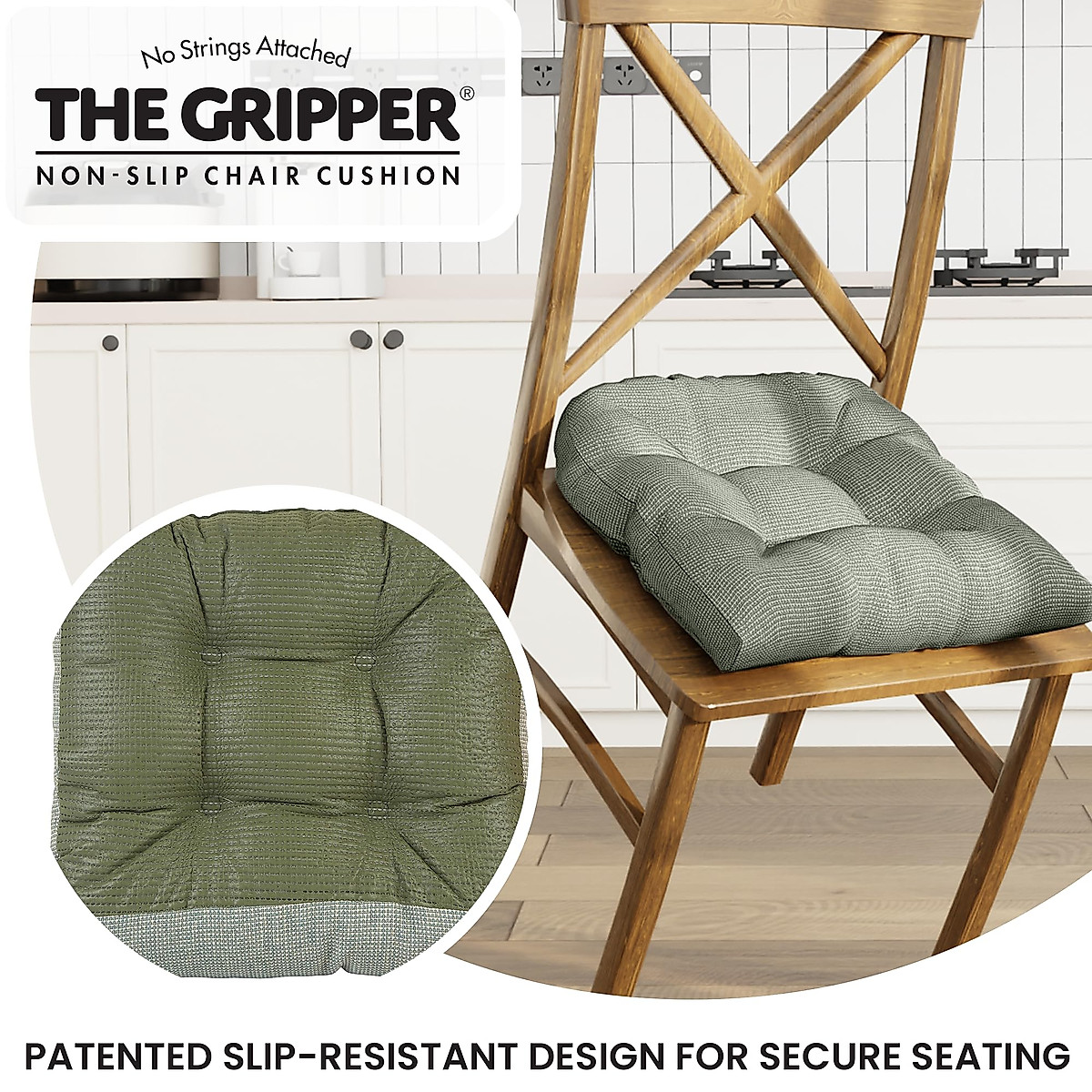 Klear Vu Gripper Overstuffed Universal Non-Slip Dining Chair Cushions for Kitchen Decor or Office Use, U-Shaped Skid-Proof Seat Pad, 17x17 Inches, 2 Count (Pack of 1), Solid Spa Green